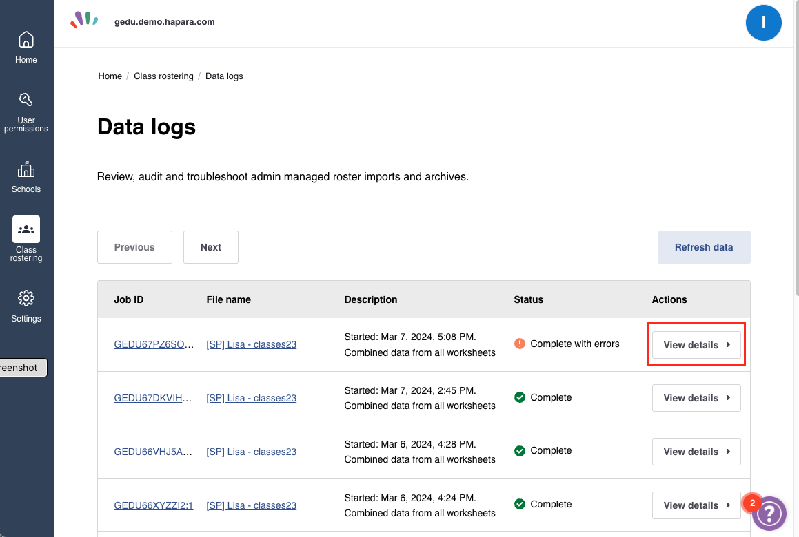 Class Rostering - Bulk rostering history – Hapara Support