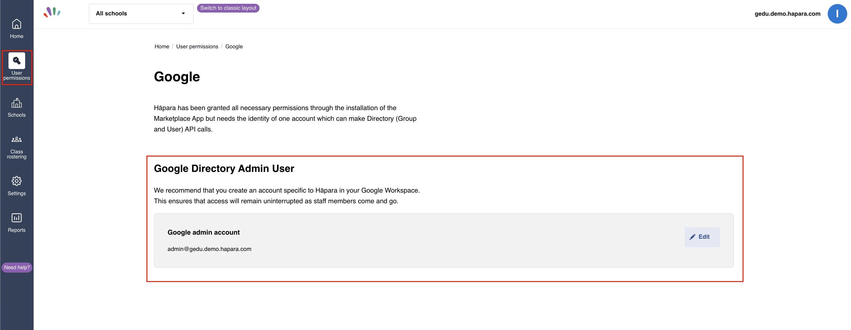 User Permissions - Google Directory Admin User – Hapara Support